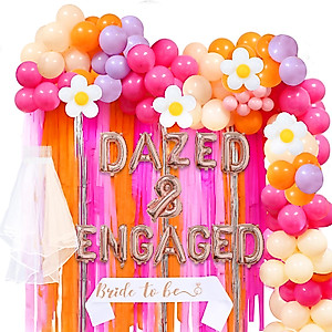 Dazed and Engaged Bachelorette Decorations, 70s Retro Groovy Bachelorette Party Decoration, Pink Orange Daisy Groovy Balloon Arch Bridal Shower Party Fringe Backdrop, Bride to Be Sash and Veil