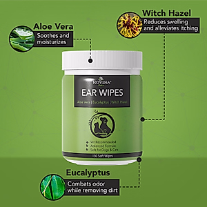 NOVEHA Pet Ear Wipes - Dog Ear Cleaner Wipes, Otic Cleanser for Dogs & Cats - Stop Ear Itching with Aloe Vera, Eucalyptus and Witch Hazel for Odor Control, Dirt and Wax Removal, Unscented (150 Count)