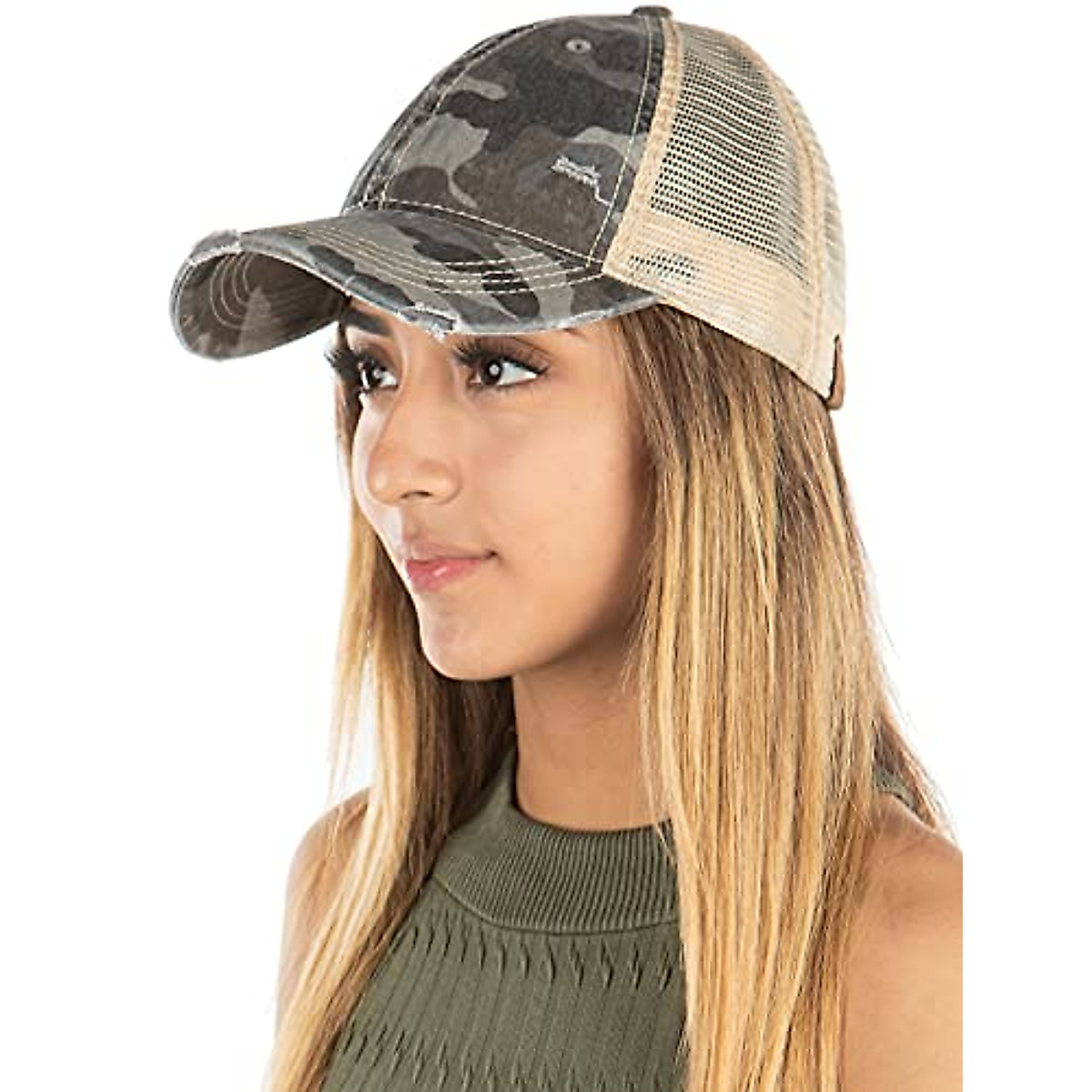 Funky Junque Distressed Trucker Hat - Black Camo/Beige Mesh
