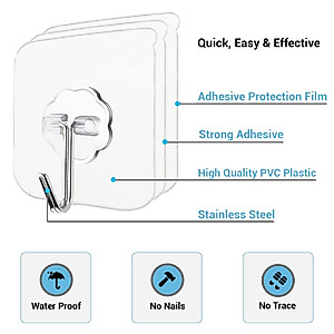 OutWest Wall Hooks 13lb(max) Transparent Heavy Duty Self Adhesive Hook Waterproof Sticky Wall Hook for use in Bathroom Wall Hanging Kitchen Shower Hangers Utility Home Improvement 24 Pack