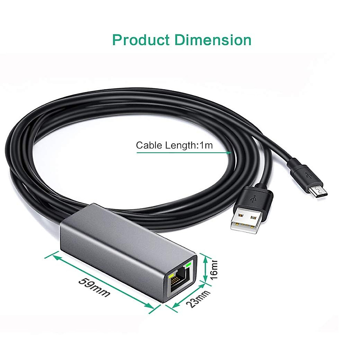 Ethernet Adapter for Fire TV Stick Chromecast Ultra/2/1/Audio Google Home Mini Mirco USB A to RJ45 Ethernet Adapter with USB A Power Supply Cable 3.3ft (Grey)