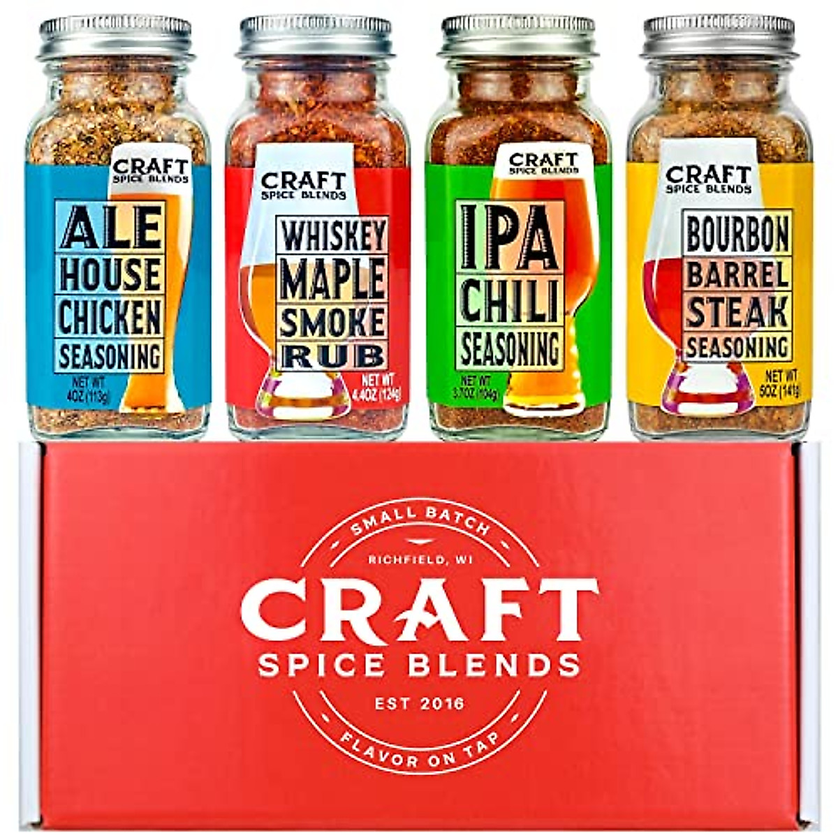 Craft Spice Blends Gift Set (Grilling Seasonings & Rubs, Gifts for Men & Women) - Includes Whiskey Maple Smoke Rub, Ale House Chicken Seasoning, Bourbon Barrel Steak Seasoning, and IPA Chili Seasoning - Gift for Dad or Mom