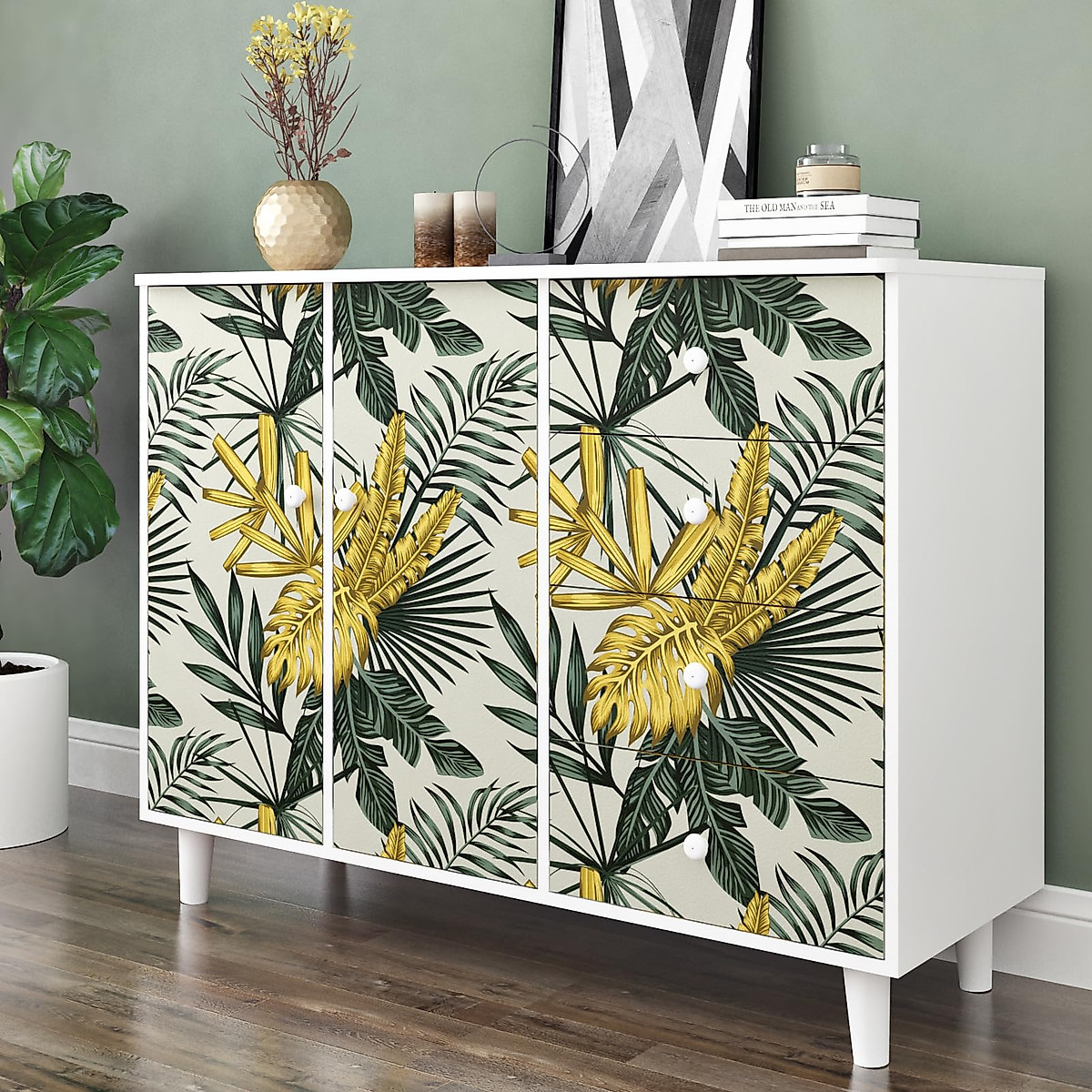 WESTICK Green Gold Botanical Wallpaper 17.5" x 118" Tropical Wallpaper Stick and Peel Floral Contact Paper for Walls Self Adhesive Leaf Wallpaper for Bedroom Kitchen Cabinet RV Countertops