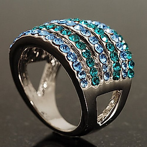 Avalaya Silver Tone Wide Crystal Band Ring (Light Blue & Teal) - size 7