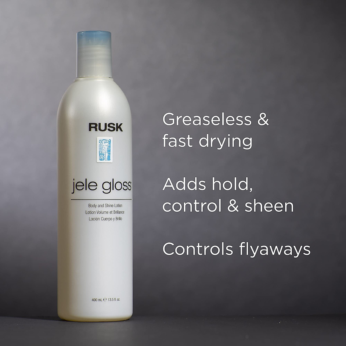 RUSK Designer Collection Jele Gloss Body and Shine Lotion, 13.5 Oz, Light-Hold Styling Lotion that Refines, Shines, and Gives Body to Hair, Adds Hold, Control, and Sheen