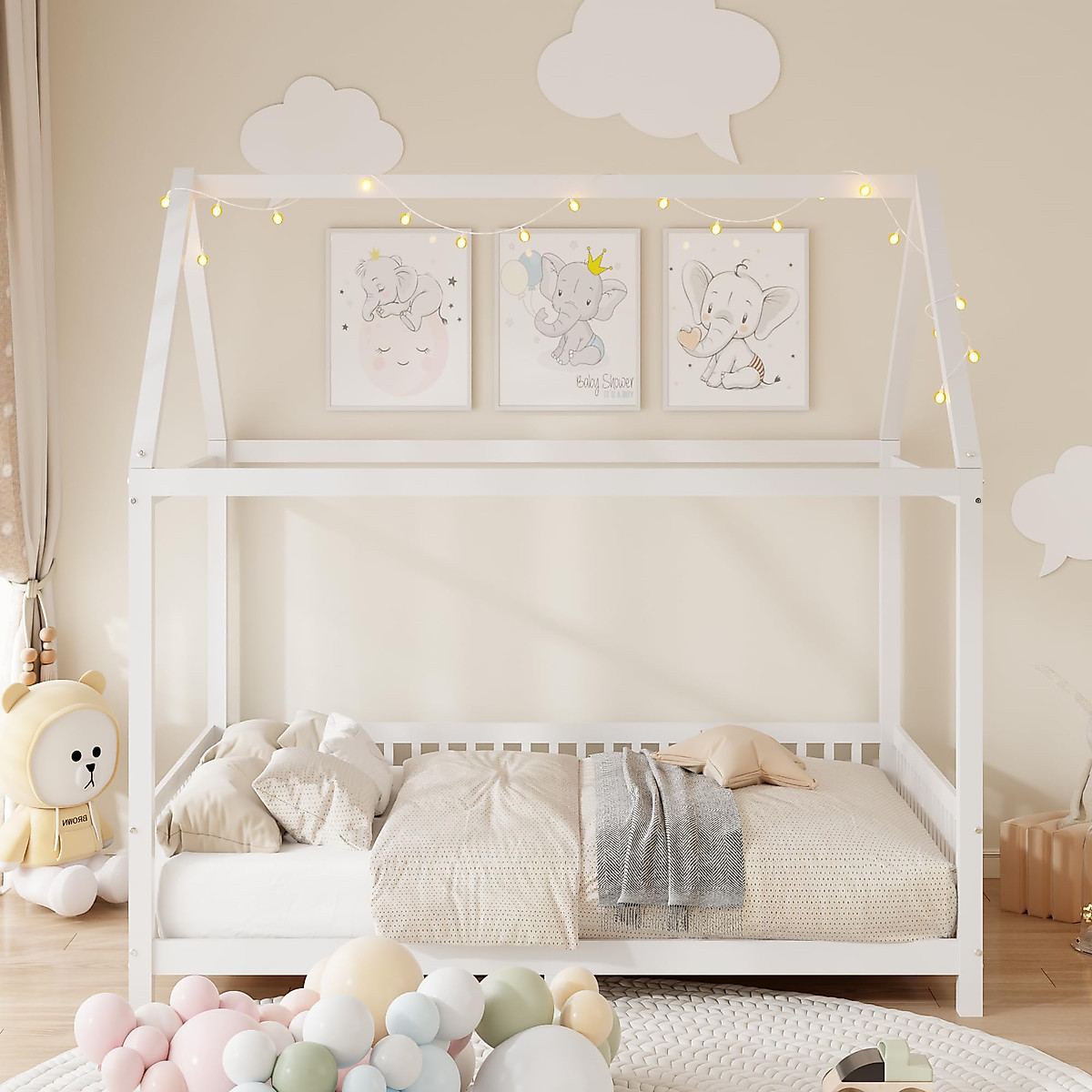 Merax Full Size House Bed for Kids, Wood Platform Bedframe with Light and Guardrail for Teens Girls Boys, No Box Spring Needed, White