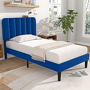 VECELO Twin Size Upholstered Bed Frame with Adjustable Headboard, Velvet Platform Bedframe Mattress Foundation, Strong Wood Slat Support, No Box Spring Needed, Dark Blue