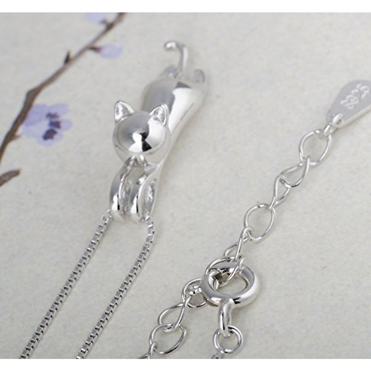 S.Leaf S925 Sterling Silver Cat Necklace Polish Mirror Silver Cat Pendant Collarbone Necklace
