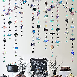 52 Feet Halloween Party Decorations Garlands Streamer BOO Sign Ghost Bat Skull Star Hanging Paper Banner Bunting in Iridescent Black Silver for Halloween All Hallows Eve Birthday Home Party Supplies