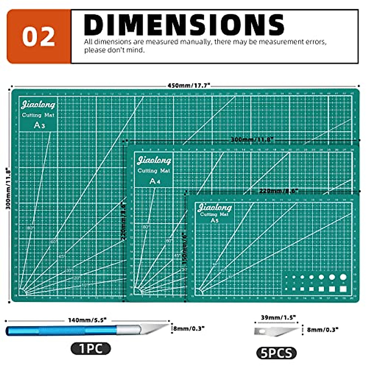 Tanstic 9Pcs A3 A4 A5 Self Healing Sewing Mat with Precision Carving Craft Knife and Blades, Craft Cutting Board Cutting Mat Double Sided Quilting Crafts Mat Table Protector Cut Mat (Green)