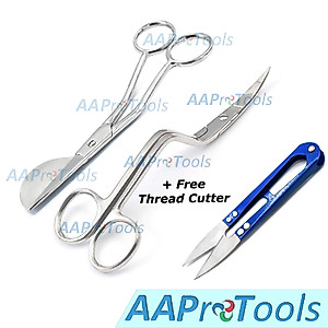 AAProTools Set Of 3 6" Double Bent Curved Machine Embroidery And Applique Duckbill Scissors With Thread Cutter Nipper Blue