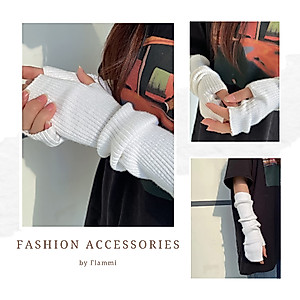 F Flammi Cashmere Blended Arm Warmer for Women Winter Fingerless Gloves Knit Mitten Gloves Wrist Warmer with Thumb Hole