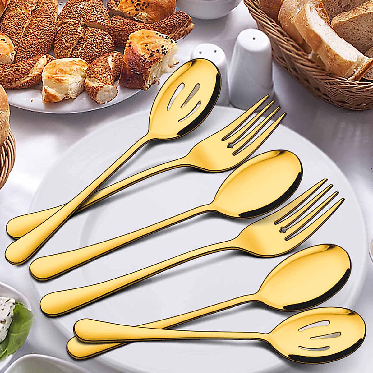 Homikit 3 Pieces Large Gold Serving Spoons, 3 Slotted Serving Spoons and 3 Serving Forks, Stainless Steel Serving Utensils Hostess Set for Catering Buffet, Dishwasher Safe