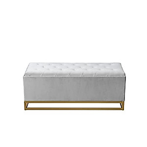 Chic Home Kadiri Storage Bench Velvet Upholstered Tufted Seat Gold Tone Metal Base with Discrete Interior Compartment Modern Contemporary, Grey