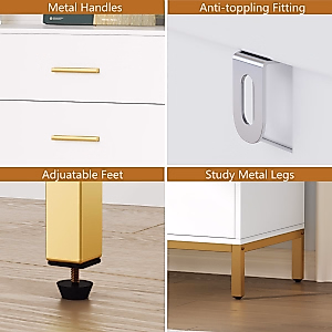 Keehusux 6 Drawer Dresser for Bedroom, Chest of Drawers with Gold Handles and Legs, Modern Dresser with 6 Drawers, Wide TV Dresser for Living Room, Hallway, Closet, White KES001WDG