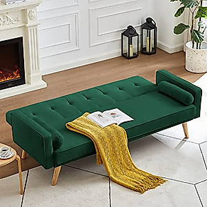 Verfur Button Tufted Futon Sofa Bed,Fabric Upholstered Convertible Loveseat Couch,Soft Small Sofa & Couches for Compact Living Space Sofabed, Green w/ 4 Wooden Legs and 1 Metal Legs