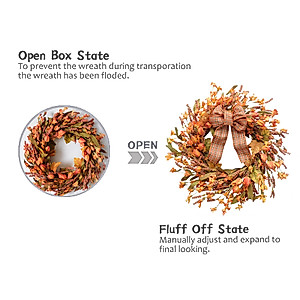 Idyllic 18 Inches Artificial Fall Wreath, Autumn Wreath with Berries & Leaves, Thanksgiving Harvest Front Door Wreath for Home Farmhouse Halloween Thanksgiving Day Festival Celebration Decor