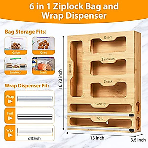 INHOTBY Foil and Plastic Wrap Organizer,Bamboo Ziplock Bag Organizer,6 in 1 Aluminum Foil Dispenser with Cutter,Tin Foil Baggie Organizer for Drawer,Kichen Aluminum Foil Organization and Storage