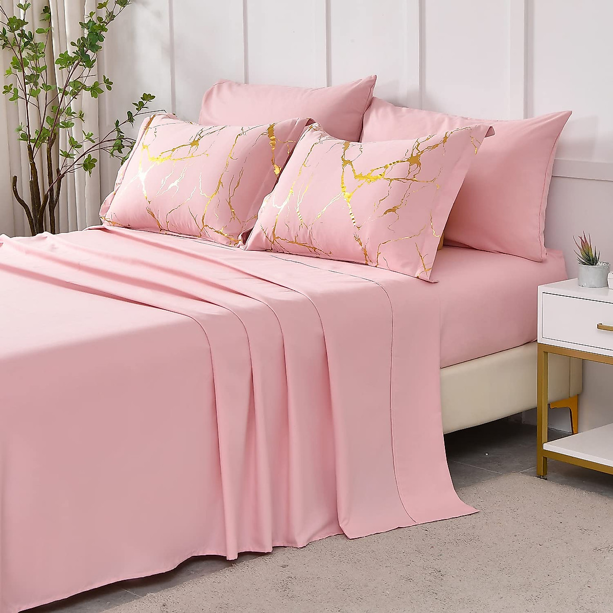 Yogeneg Gold Metallic Marble King Size Comforter Set,7 Piece Bed in a Bag,Foil Print Glitter Pink Comforter and Sheet Set,All Season Soft Microfiber Complete Bedding Sets(Pink,King)