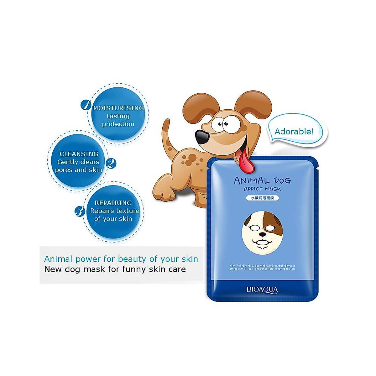 BIOAQUA Animal Face Mask Sheet Enriched with Natural Serum for Radiant and Nourished Skin At Home Spa Moisturizing Facial with Fun Animal Characters: Panda Tiger Sheep Dog (4 Sheets Variety Pack)