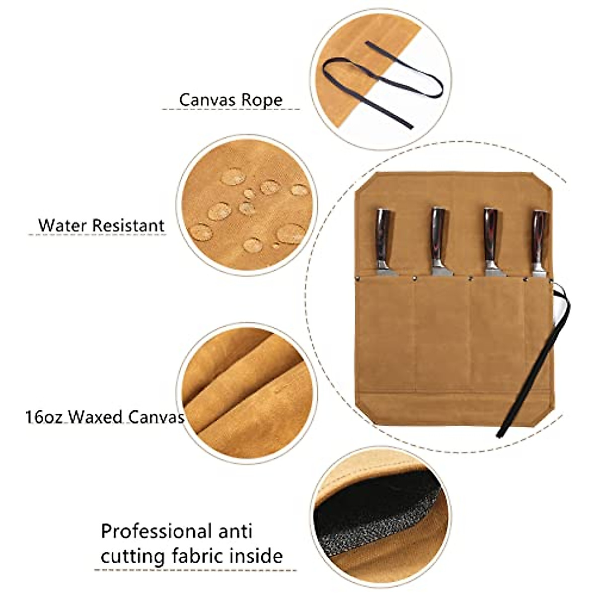 Denifiter Knife Roll, Professional Chef's Knife Bag with Anti Cutting Fabric Inside & 4 Knife Slots Heavy Duty 16oz Waxed Canvas (Khaki)