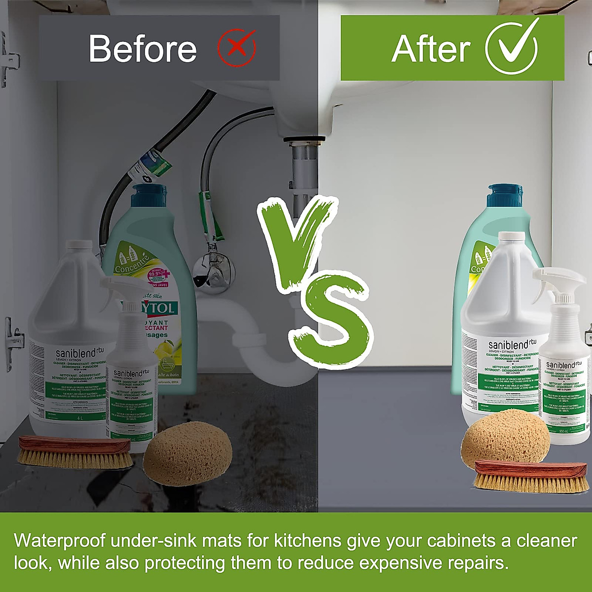 Under Sink Mat - 34" x 22" Under Sink Mats for Kitchen Waterproof, Holds up to 3.3 Gallons Water, Bathroom Under Sink Tray with Unique Drain Hole for Doormat, Pet Feeding Mat, Drawing Mat, Craft Mat