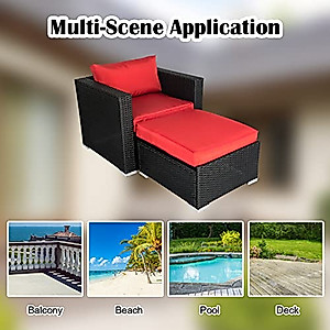 kinbor Patio Furniture Set, PE Rattan Chair with Ottoman and Cushions for Outdoor Balcony Porch Deck