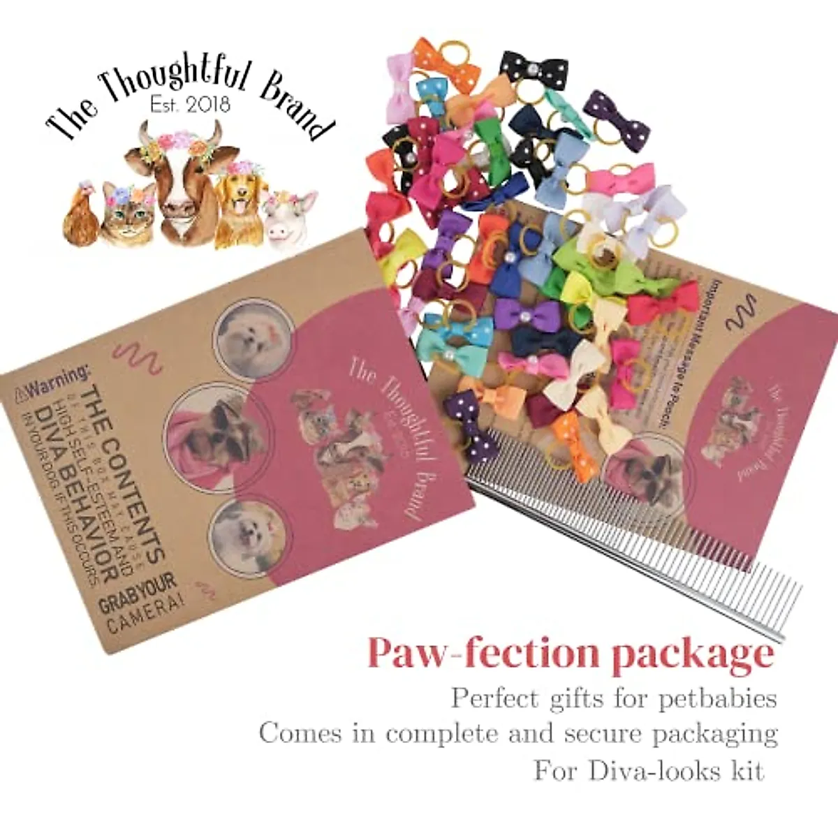 The Thoughtful Brand 50 Pcs Dog Bows with Rubber Bands (25 Pairs) - Durable Dog Hair Bows That Won’t Pull Your Dog’s Hair - Premium Dog Bows Girl Plus Bonus Grooming Comb, Cuter and better