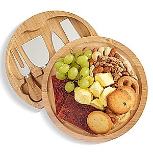 Bamboo Cheese Board and Knife Set,Round Charcuterie Board Set with 4 Knives,Cheese Board Set with Slide-Out Drawer,House Warming Gifts New Home