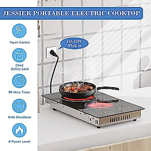 Jessier 12 Inch Electric Cooktop - 2 Burner Countertop & Built-in Electric Stove Top, 120V Plug in Electric Cook Top, Timer, Safety Lock, Over-Temperature Protection, Sensor Touch Control