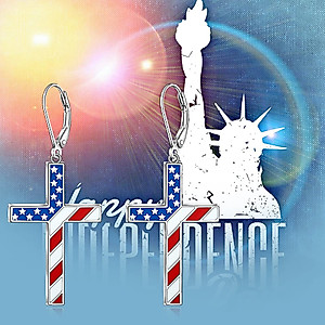 Patriotic 4th of July Earrings for Women Cross Fourth of July American Flag Earrings Dangle Sterling Silver Red White and Blue Veterans USA Independence Day Gifts