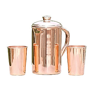 Ancient Impex Pure Copper Pitcher with 2 Copper Tumblers for Storing and Drinking Water | Ayurvedic Pure Copper Jug Capacity 57.48 fl oz. with Matching Lid and 2 Matching Tumblers
