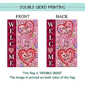 Baccessor Valentine's Day Welcome Garden Flag Double Sided Tulips Hugs Kisses Be Mine Love Heart Burlap Flag 12.5x18 inch Spring Seasonal Holiday Yard Outdoor Decoration