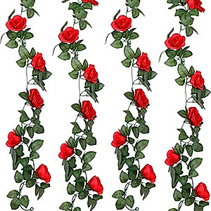 Syhood Artificial Rose Garlands Rose Vines Leaves Banners Hanging Fake Floral Garland Flower Vine for Wedding Arch Ceremony Home Garden Outdoor Party Wall Decorations, 14.4 ft(Red,2 Pieces)