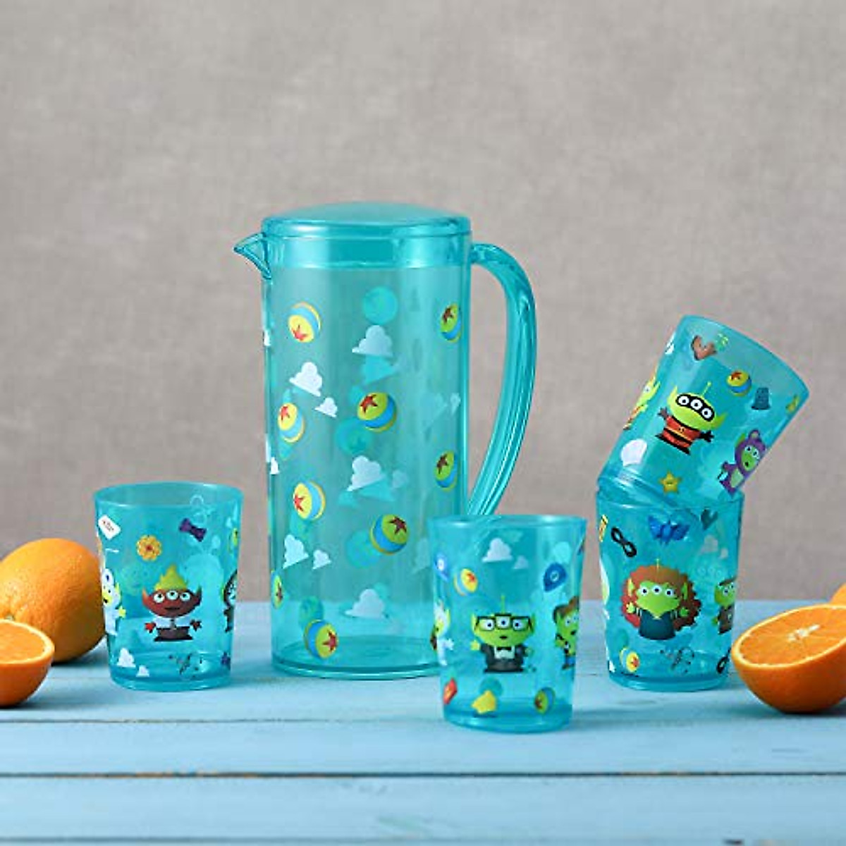 Zak Designs Pixar Movies Alien Remix Beverage Serving Set Includes Pitcher and 4 Durable Plastic Tumblers with Unique Artwork, Perfect for a Pool Party (5 Pieces), Green,10 ounces