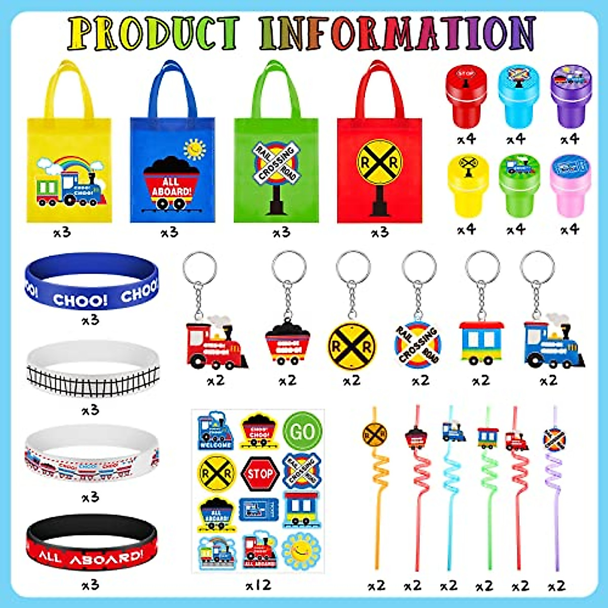 228 Pcs Train Party Favors Train Birthday Party Supplies Train Non Woven Bags Plastic Straws Punch Balloons Stamps Stickers Train Silicone Wristbands for Boy Kids Train Birthday Party Supplies