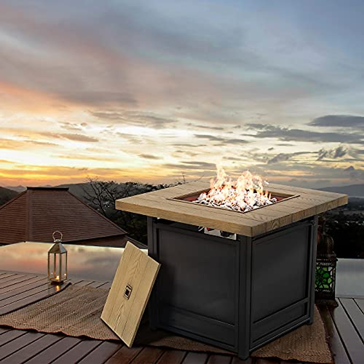 Grand Patio 29 Inch Propane fire Pit,Outdoor fire Pit All-Weather Wood Grain Square Stainless Steel smokeless firepit Table with Sling Base, Light Brown Tabletop/Square