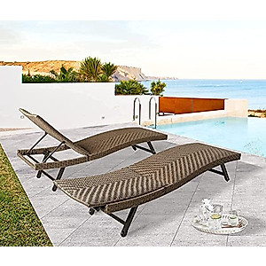 Ulax Furniture Outdoor Wicker Chaise Lounge Adjustable Padded Patio Reclining Chaise Lounger Chairs with Non-Rust Aluminum Frame and Wheels, Set of 2
