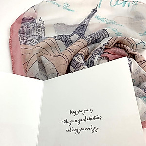 Smiling Wisdom - Wherever You Go, Go With All Your Heart Greeting Card & Paris Scarf Gift Set - Beginnings Goodbye Retirement Journey - Women Grey Peach White (Paris)