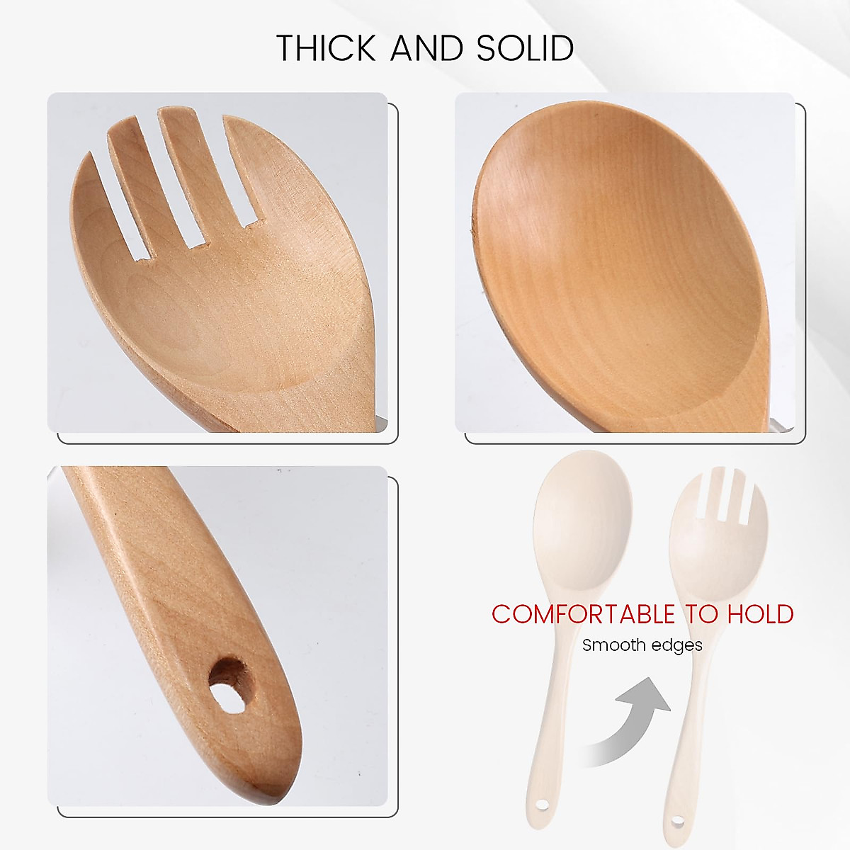 HAKSEN Wooden Salad Tongs, 10.7in Salad Servers Salad Spoon and Fork Set for Mixing, Tossing and Cooking