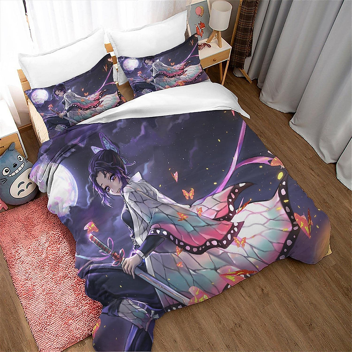 NICHIYOBI Devil Slayer Butterfly Anime Girl Kochou Duvet Cover Set 3D Bedding Comforter Cover 3 Pcs (1 Duvet Cover+2 Pillowcases) Bedding Set (03,Full-80x90in+20x30in*2)