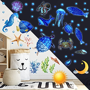 97 Pieces Glow in The Dark Sea Wall Decal Stickers Fish Glow Wall Stickers Ocean Wall Decals Removable Glowing Sticker Fluorescent Starfish Shell Waterproof Peel and Stick for Kids Bedroom Decor