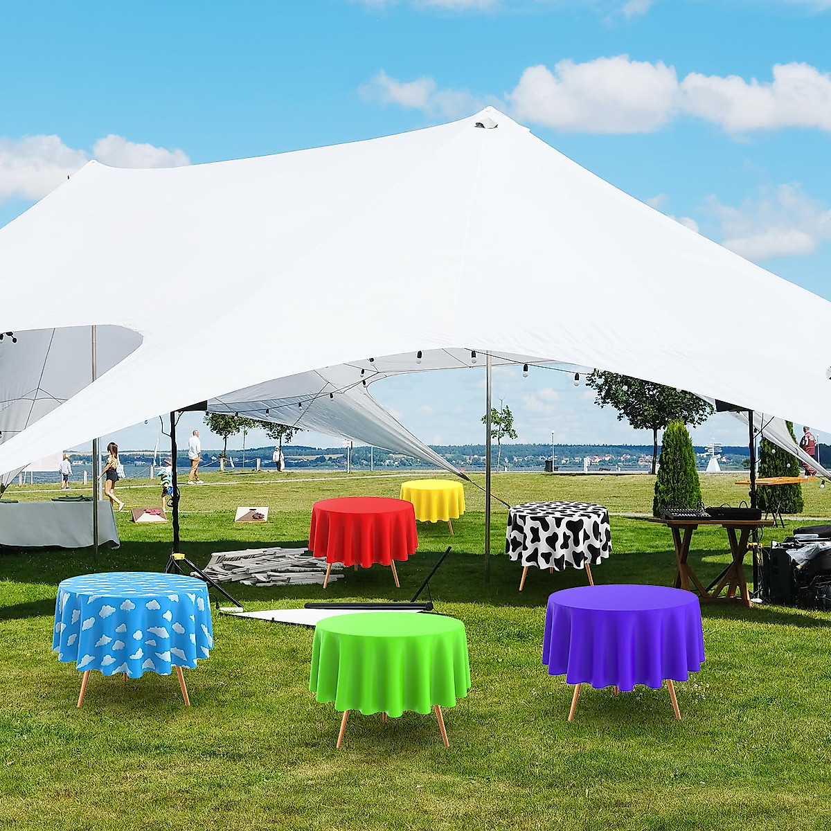 Kinlop 6 Pieces Round Tablecloth 84 Inch Cloud Tablecloth Cow Print Tablecloth Premium Plastic Table Cloth Disposable Table Covers Waterproof Tablecloths for Party Dinner Birthday Camping Picnic