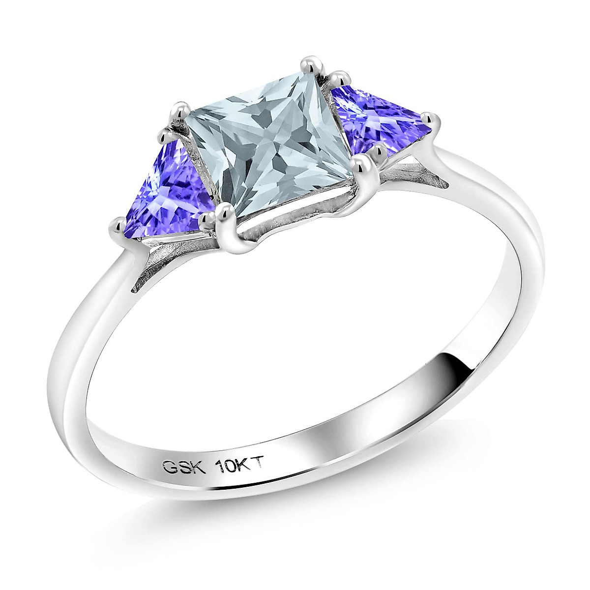 Gem Stone King 10K White Gold Sky Blue Aquamarine and Blue Tanzanite 3 Stone Engagement Ring For Women (0.84 Cttw, Gemstone March Birthstone, Princess Center 5MM, Trillion 3.5MM) (Size 7)