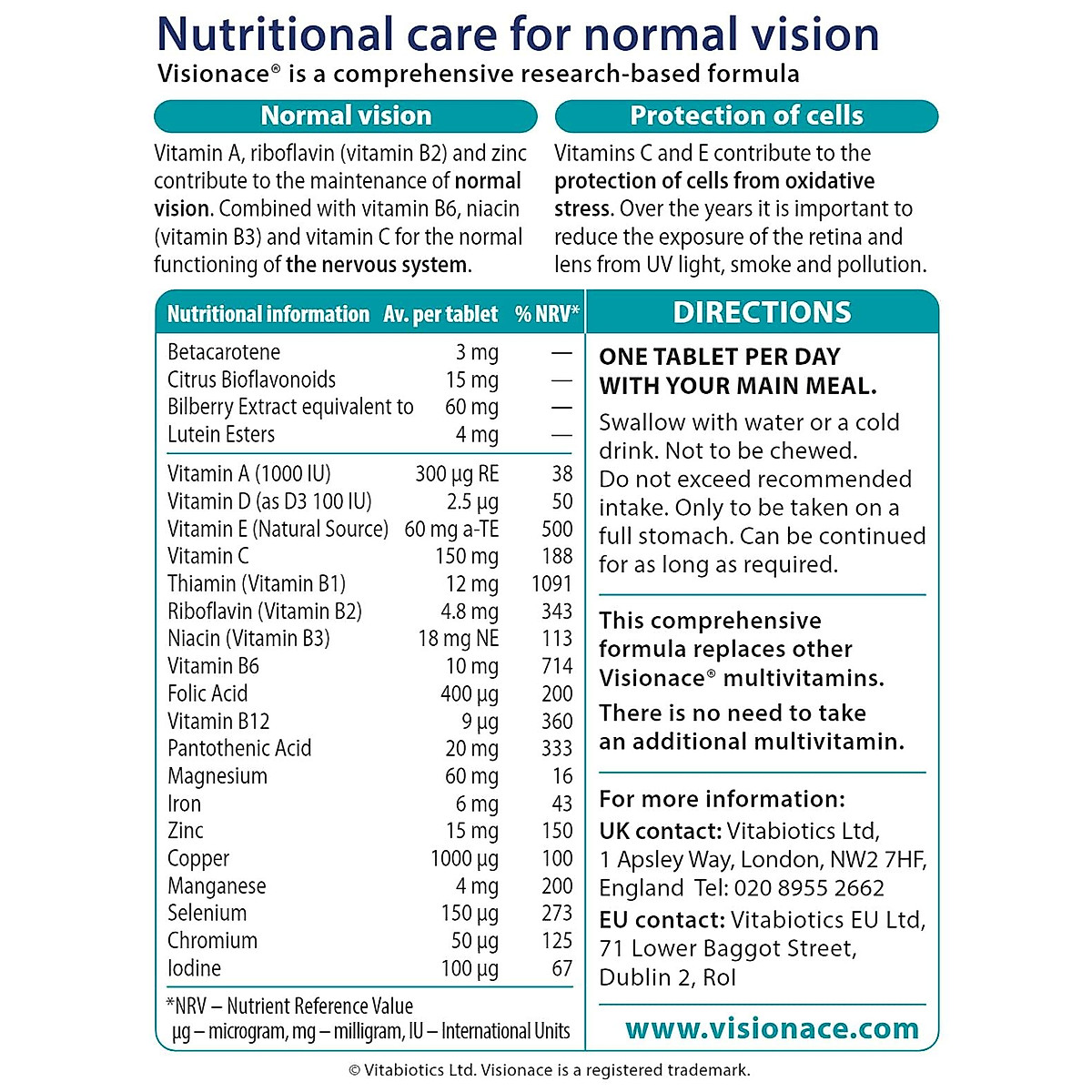 Vitabiotics Visionace Original - Nutritional Multivitamin for Normal Vision | Vitamins A, B2 and Zinc - 30 Tablets