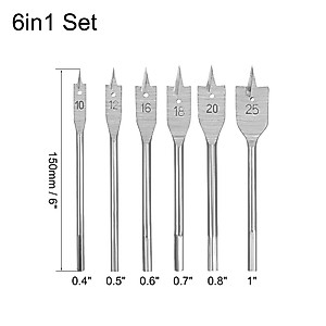 uxcell Spade Drill Bits for Wood Paddle Flat Bit 10 12 16 18 20 25 mm Hex Shank for Woodworking DIY Cutter Tool, High Carbon Steel 6in1 Set