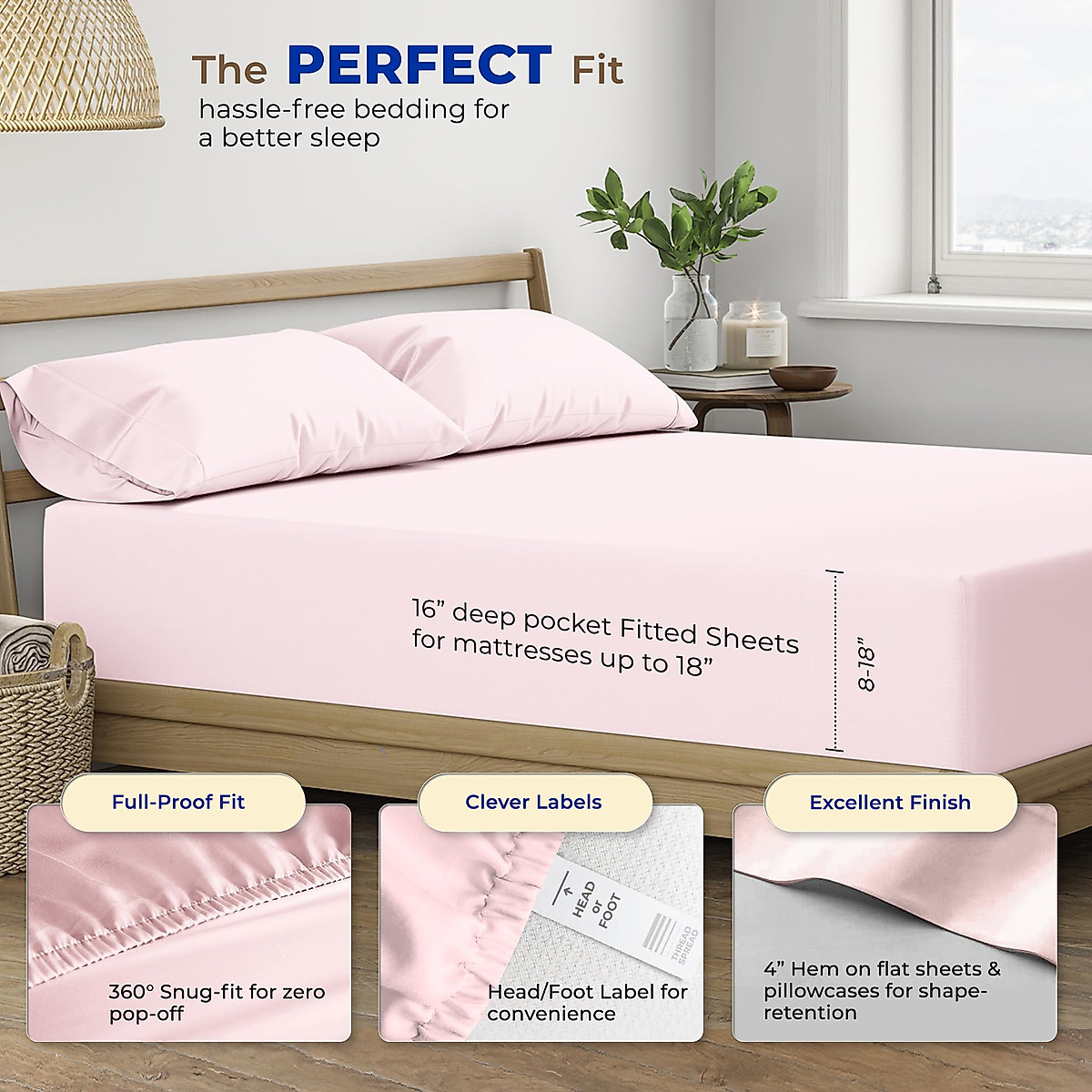 THREAD SPREAD 600 Thread Count Sheets Queen - 100% Egyptian Cotton Sheets Queen Size, 4 PC Luxury Sheets Queen Size, Soft, Cooling, Extra Long Staple 16" Deep Pocket Queen Bed Sheet Set - Blush