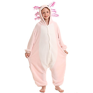 DELEY Unisex Pink Axolotl Onesie Kid Pajamas, Flannel Animal One Piece Costume Sleepwear Halloween Cosplay Homewear