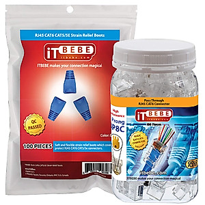 TBEBE 100 Sets of RJ45 Cat6 Pass-Through Connectors for 24 AWG Cables - 100 Pieces Cat6 Connectors Ends and 100 Pcs RJ45 Connectors Blue Strain Relief Boots for Clean, snag-Free ethernet Patch Cord