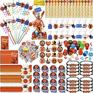 Saypacck 229 Pcs Party Favors with Ball Bracelets Mini Pinball Mini Bubble Wands Straws Keychains Badges Stickers Stamps Gift Bags Party Tags for Birthday Themed Party Sport Supplies(Basketball)